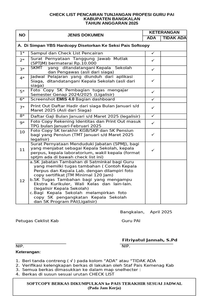 Check List TPG PNS TAHAP 1 TH 2025 | PDF