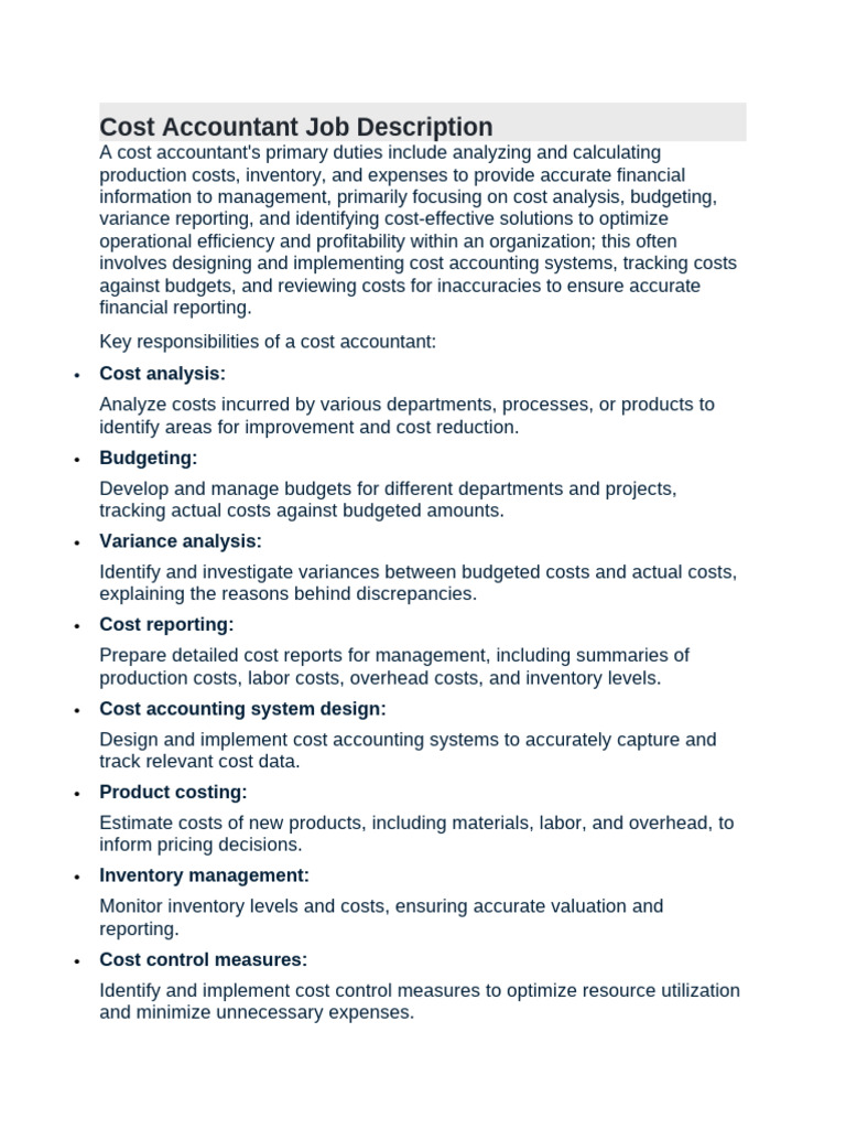 Cost Accountant Job Description | PDF | Cost Accounting | Accounting