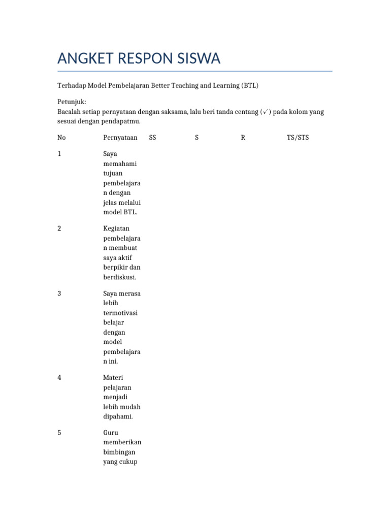 Angket Respon Siswa BTL | PDF