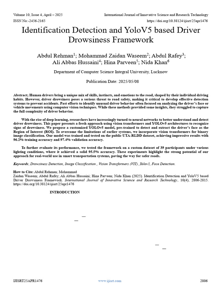 Identification Detection and YoloV5 Based Driver Drowsiness Framework | PDF | Computer Vision ...