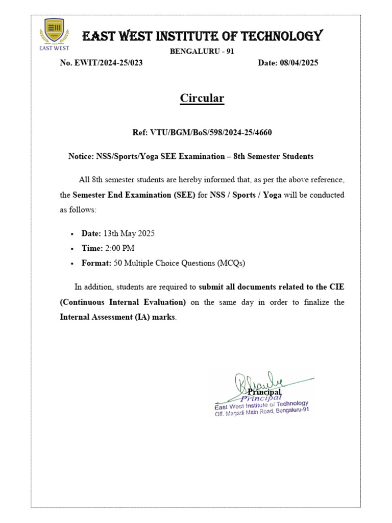 Circular-8th Sem NSS - Sports - Yoga Exam | PDF