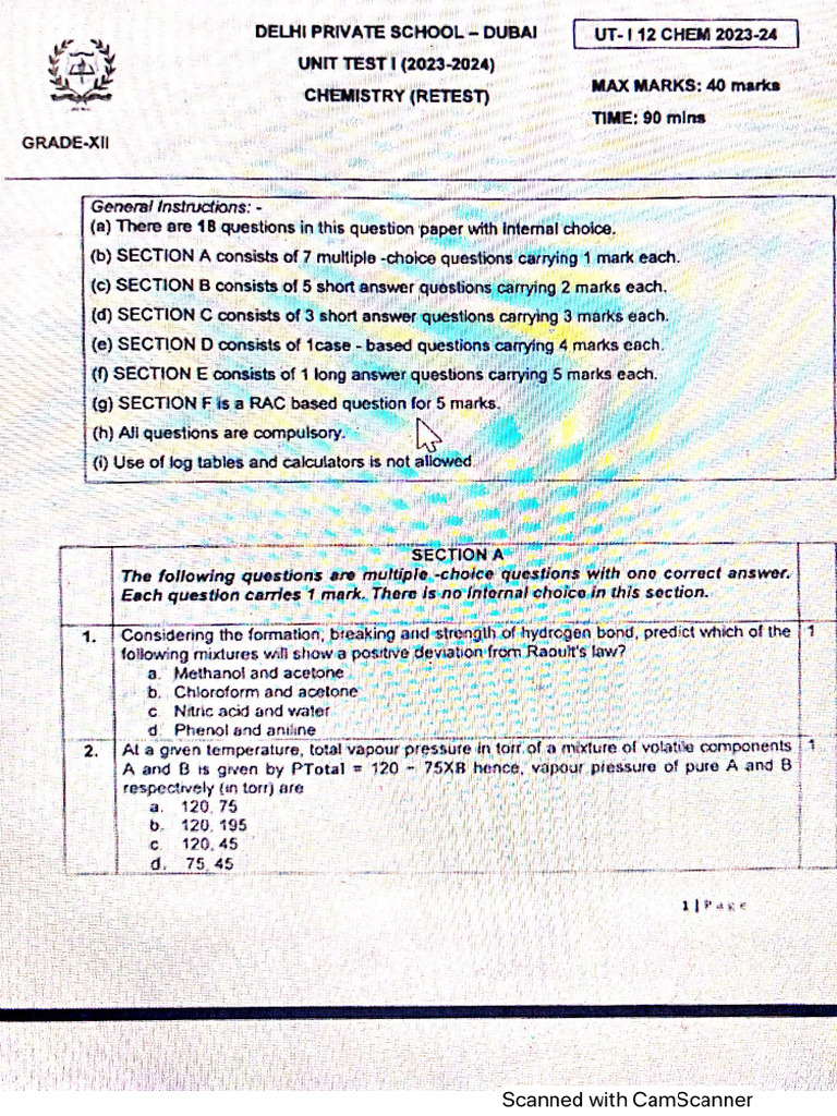 DPS Gr12 Chem Retest 2023-24 | PDF