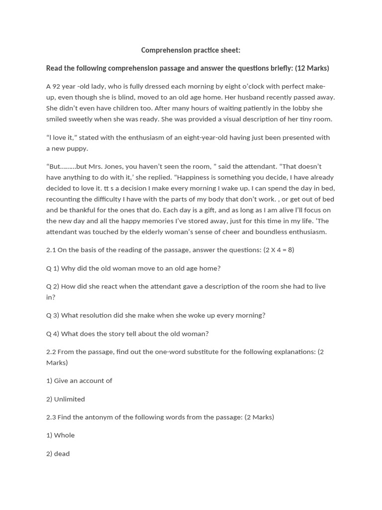 Comprehension practice sheet 1 | PDF