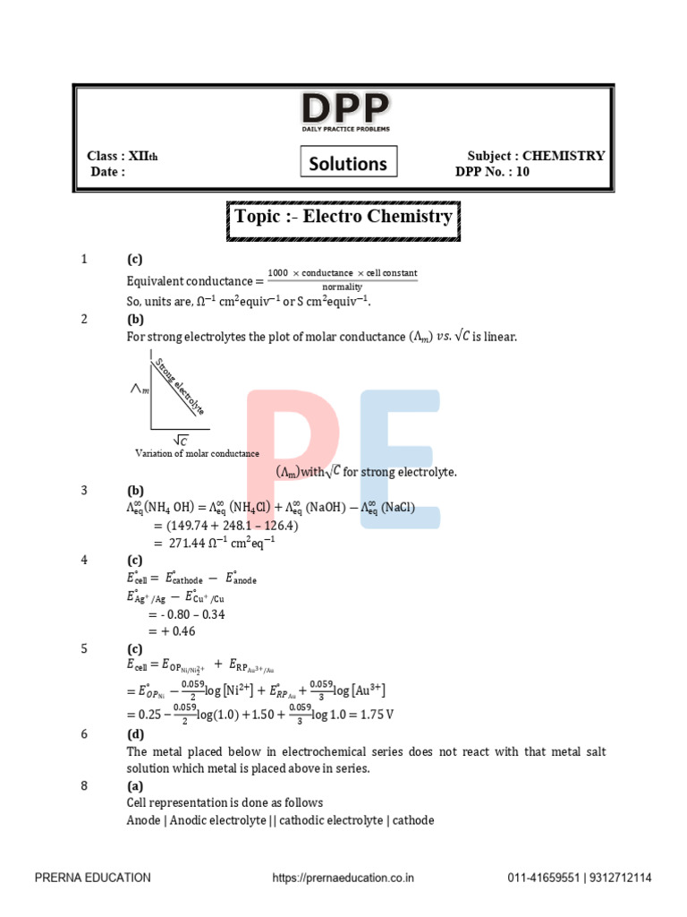 Electrochemistry DPP 10 Solutions | PDF | Redox | Electrochemistry