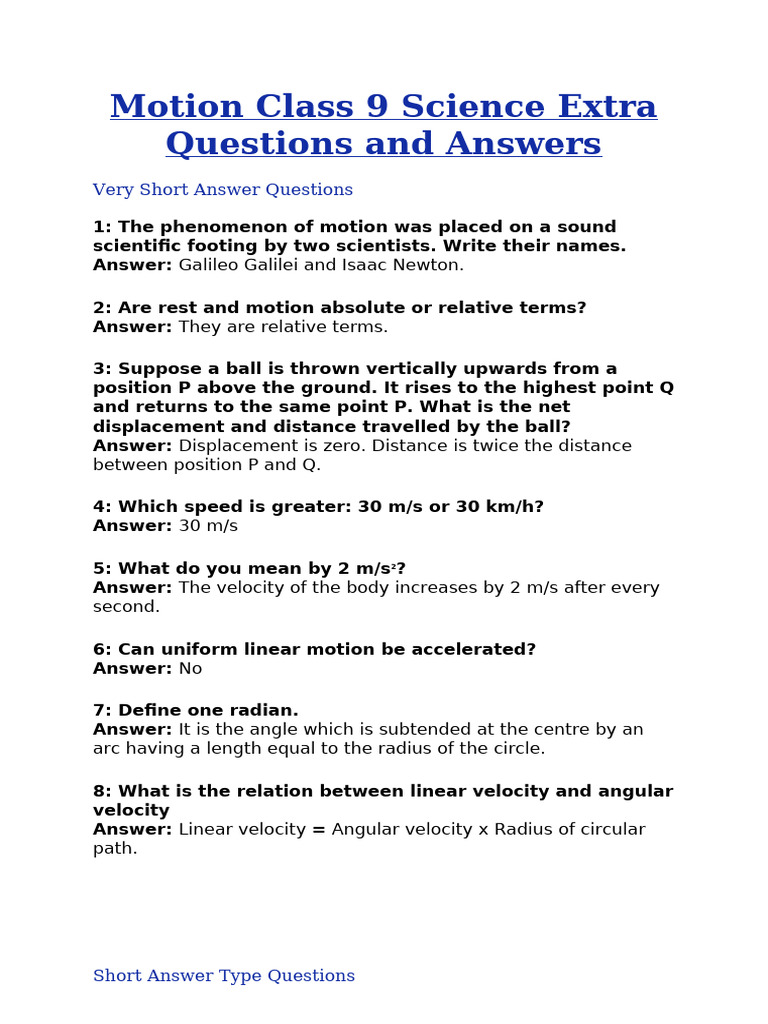 Motion Class 9 Science Extra Questions and Answers | PDF | Speed | Velocity