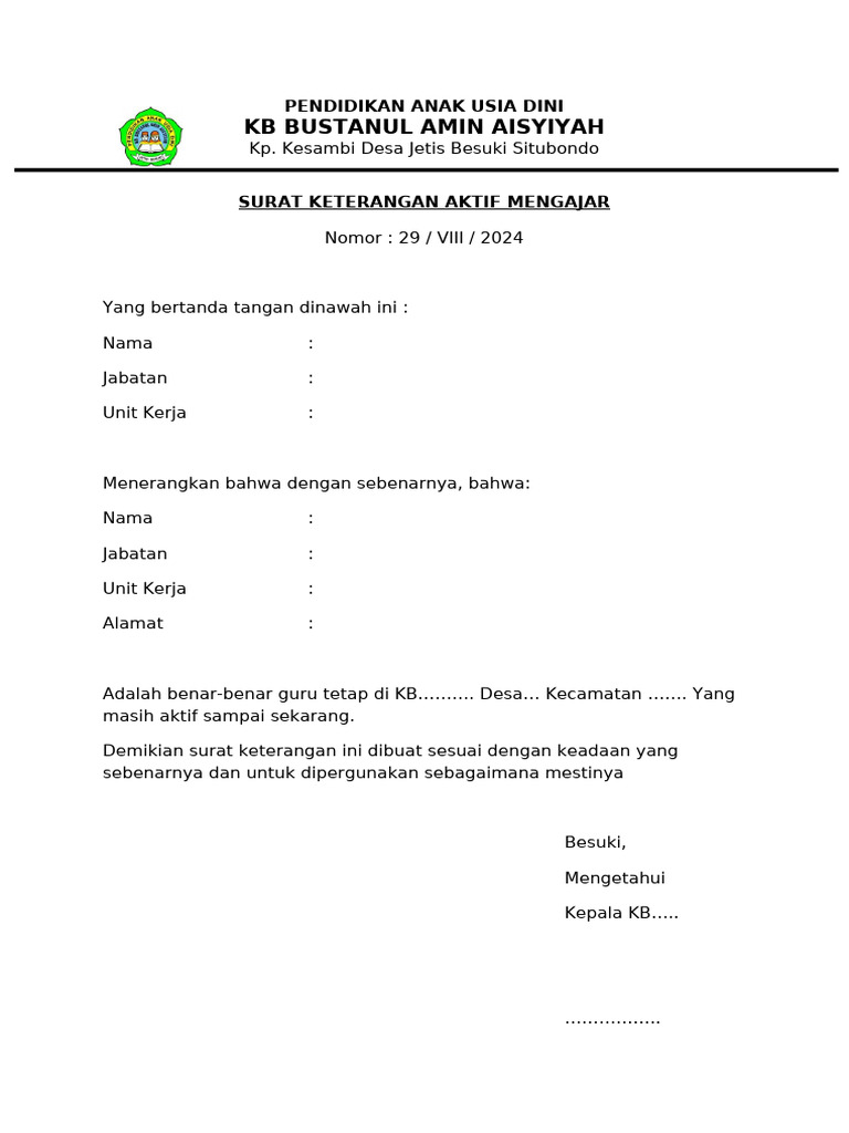 Surat Keterangan Aktif Mengajar KB Aisyiyah | PDF