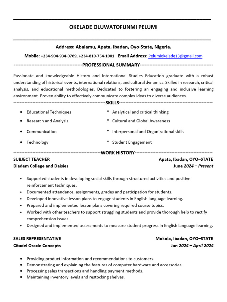 Okelade Oluwatofunmi Pelumi CV | PDF | Lesson Plan | Learning