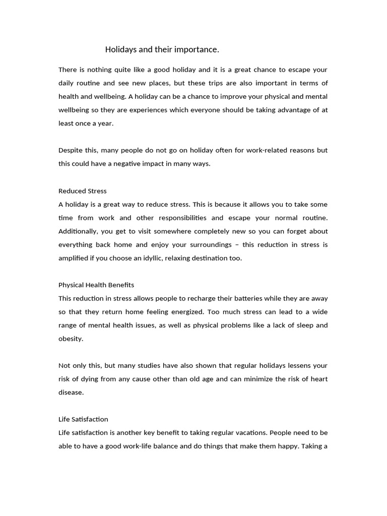 Holidays and Their Importance | PDF | Stress (Biology) | Vacation