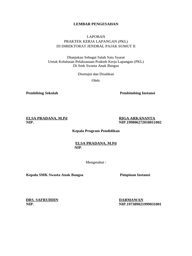 Lembar Pengesahan Laporan Pkl-1 | PDF
