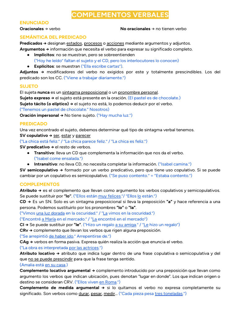 Complementos Verbales en la Oración | PDF | Asunto (gramática ...