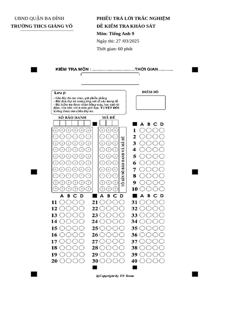 Phiếu trắc nghiệm - TA9 | PDF