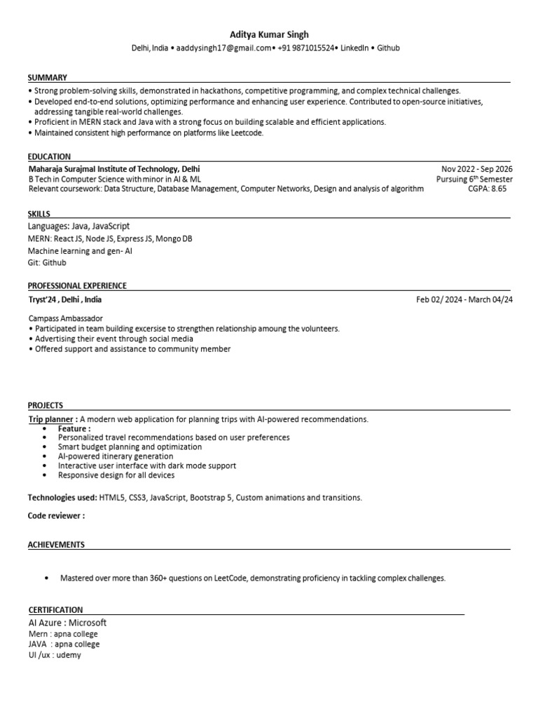 Aditya Kumar Singh Resume | PDF