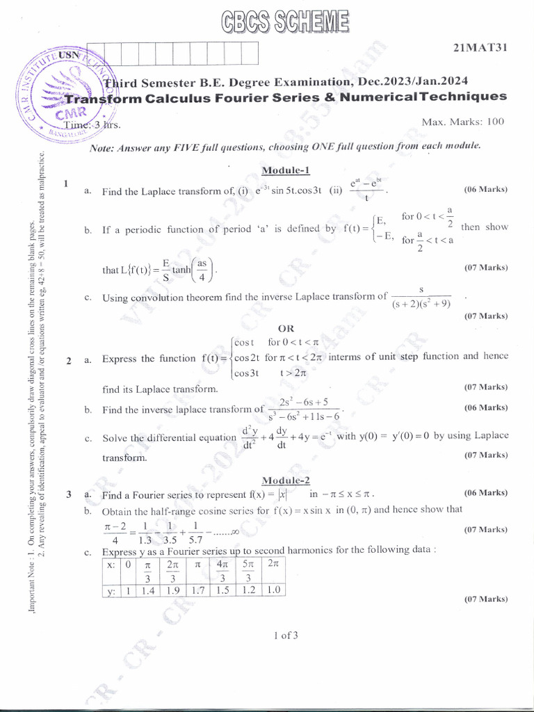 VTU Question Paper of 21MAT31 Transform Calculus, Fourier Series and Numerical Techniques Jan ...