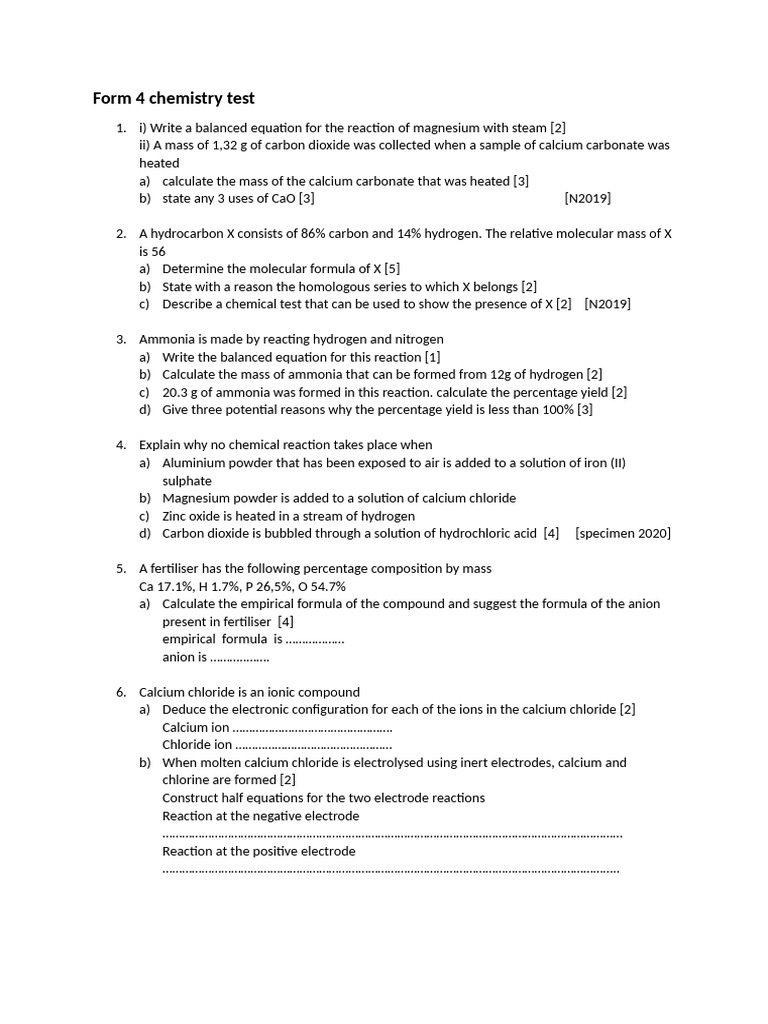 Form 4 Chemistry Test Questions | PDF | Oxide | Chloride