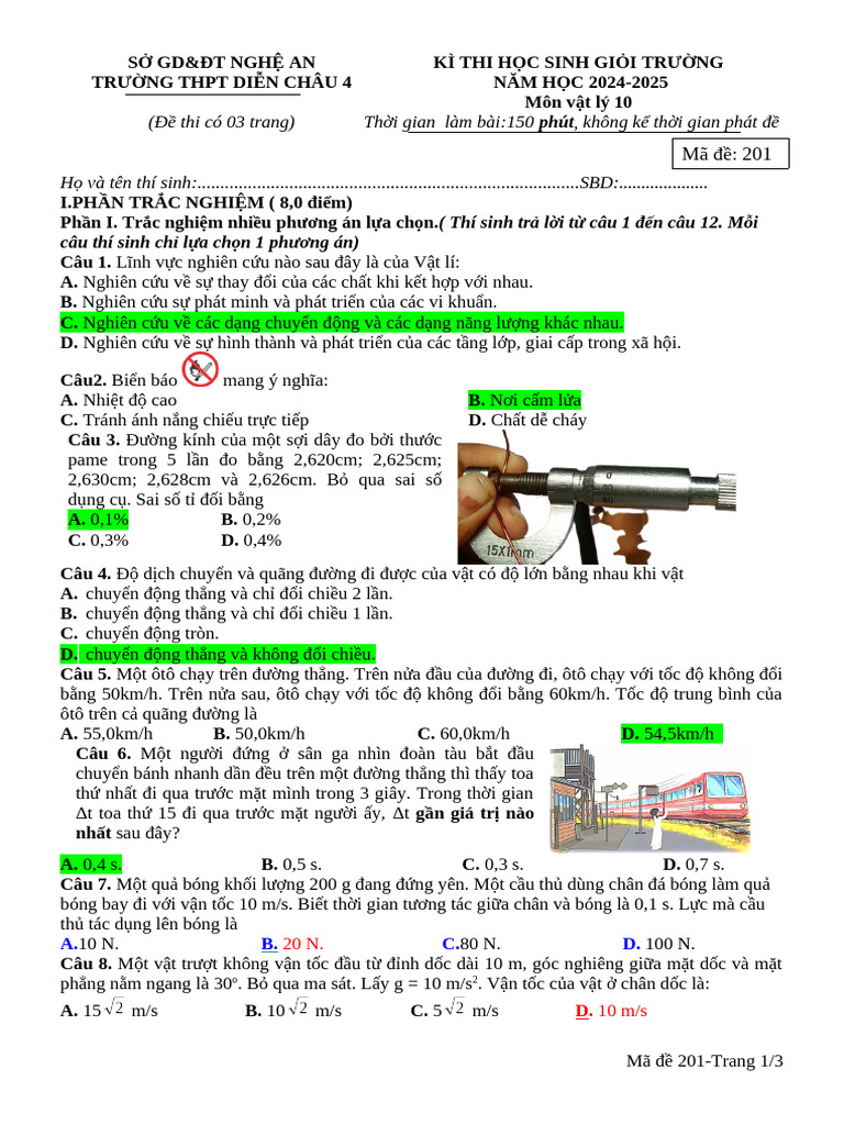 Đề HSG VL10 DC4 Năm 2024-2025 - Mã Đề 201 | PDF