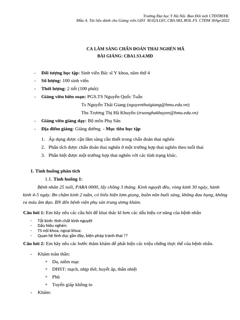 Mẫu 2B - CBA1.S3.4.MD - Ca LS chẩn đoán thai nghén | PDF