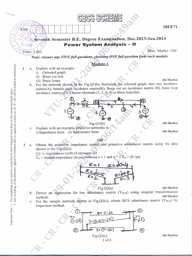 VTU Question Paper of 18EE71 Power System Analysis - 2 Jan-Fab-2024 | PDF