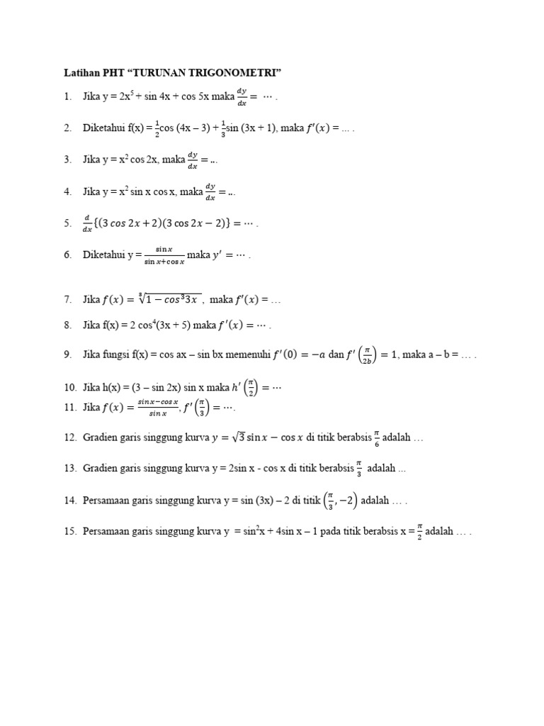 12 Abdi Siswa Bintaro Minat Lat Soal PHT Turunan Trigonometri (20-09-2024) | PDF