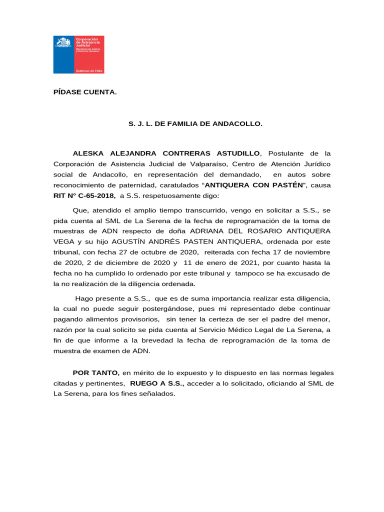 Escrito Pidase Cuenta Al SML para Que Informe Fecha de Reprogramaci N de Examen de Adn | PDF