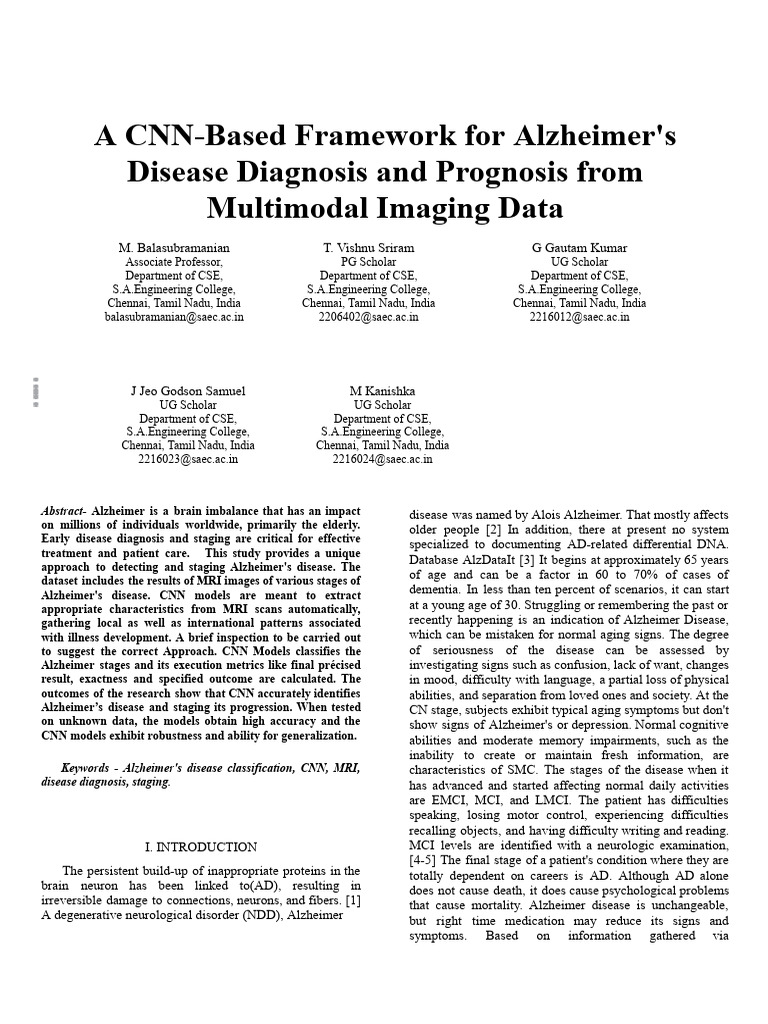 A CNN-Based Framework for Alzheimer Disease Diagnosis and Prognosis from Multimodal V3 | PDF ...