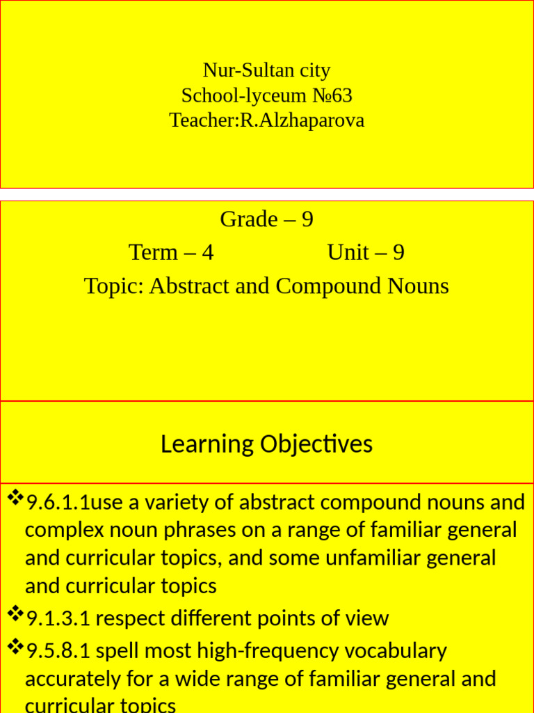 Abstract and Compound Nouns Lesson Plan | PDF | Noun | Vocabulary