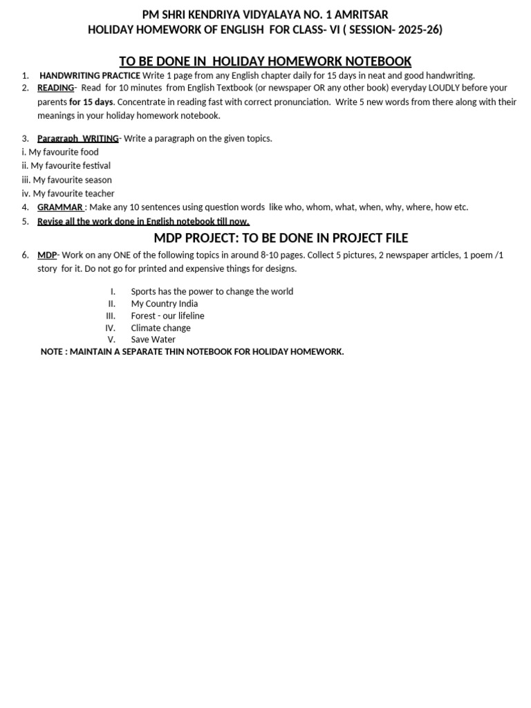 Class 6 ENGLISH HHW | PDF