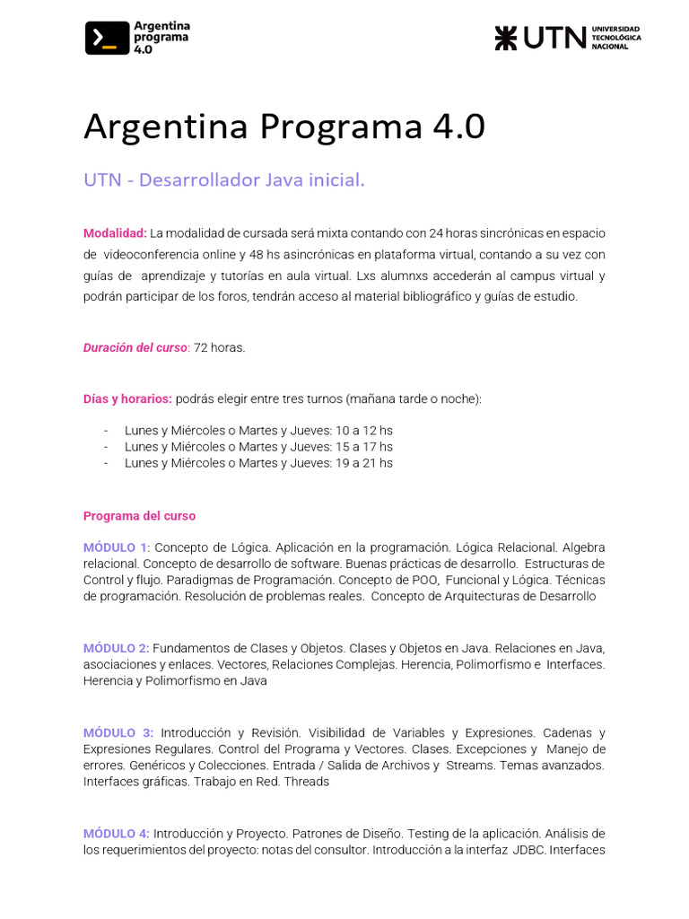 UTN - Desarrollador Java Inicial | PDF | Java (lenguaje de programación) | Ingeniería de software