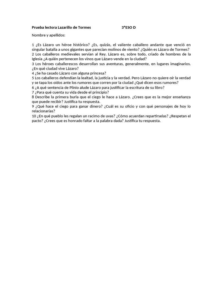 Prueba Lectora Lazarillo de Tormes 3ºESO | PDF