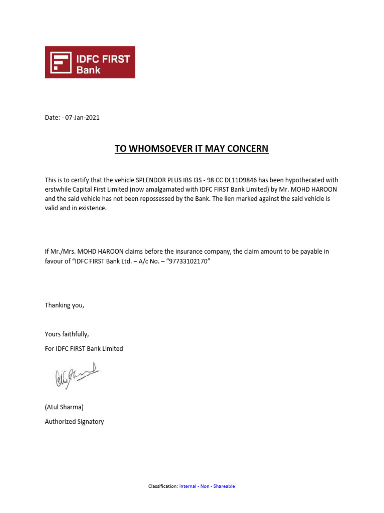 Non Repossession Letter | PDF