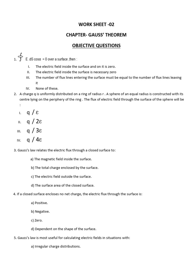 WORK SHEET-02 Topic - GAUSS' THEOREM | PDF | Electric Field | Electric Charge