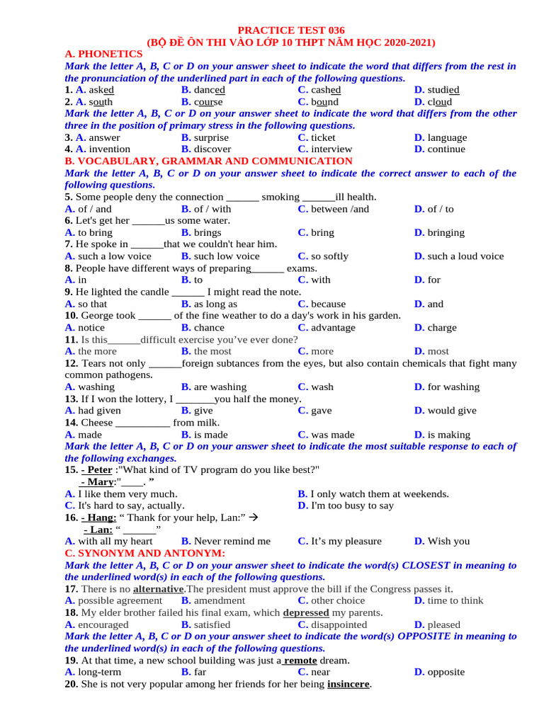 Practice Test 036.2020 | PDF | Bullying | Cyberbullying