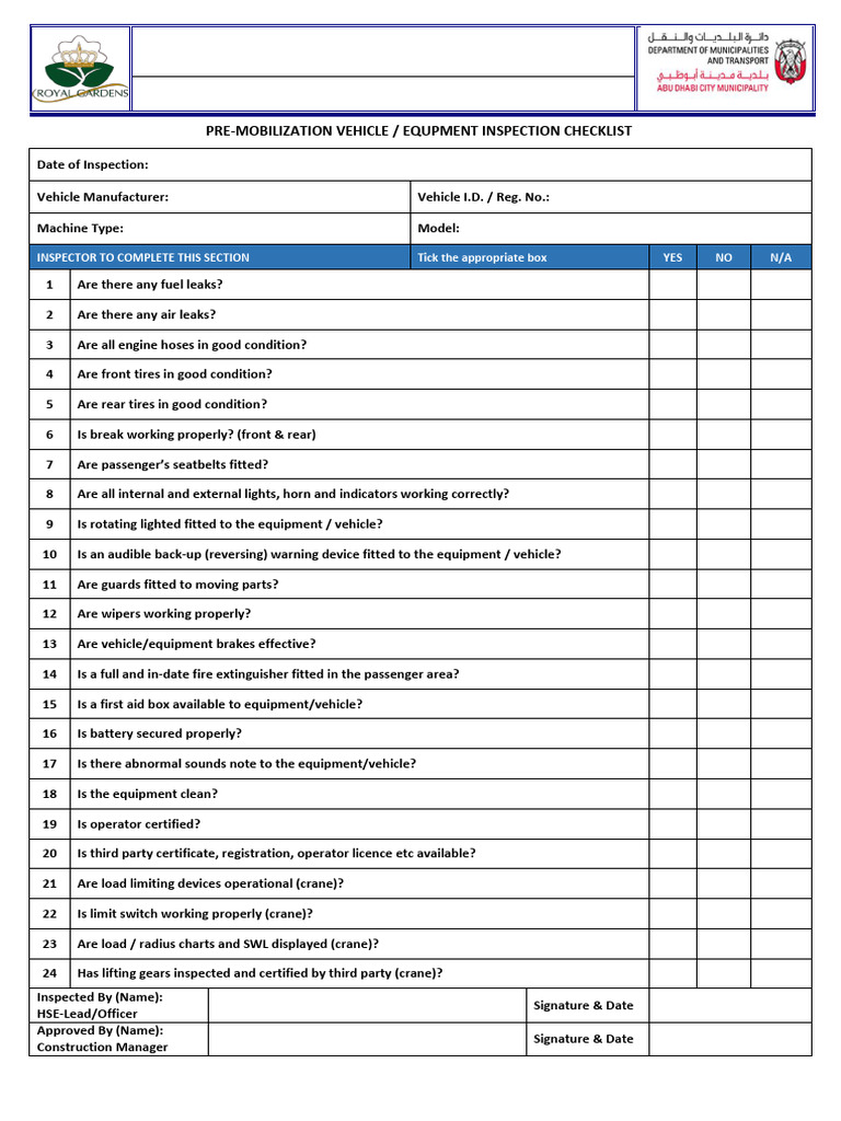 Pre-Mobilization Vehicle Checklist | PDF