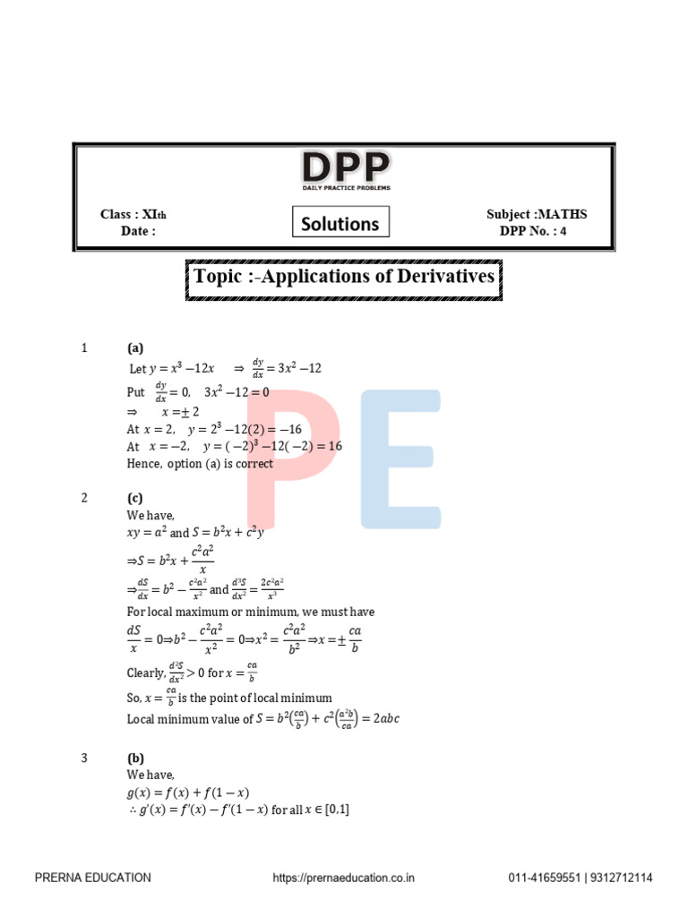 APPLICATION-OF-DERIVATIVES-DPP4-SOLUTION | PDF | Zero Of A Function ...