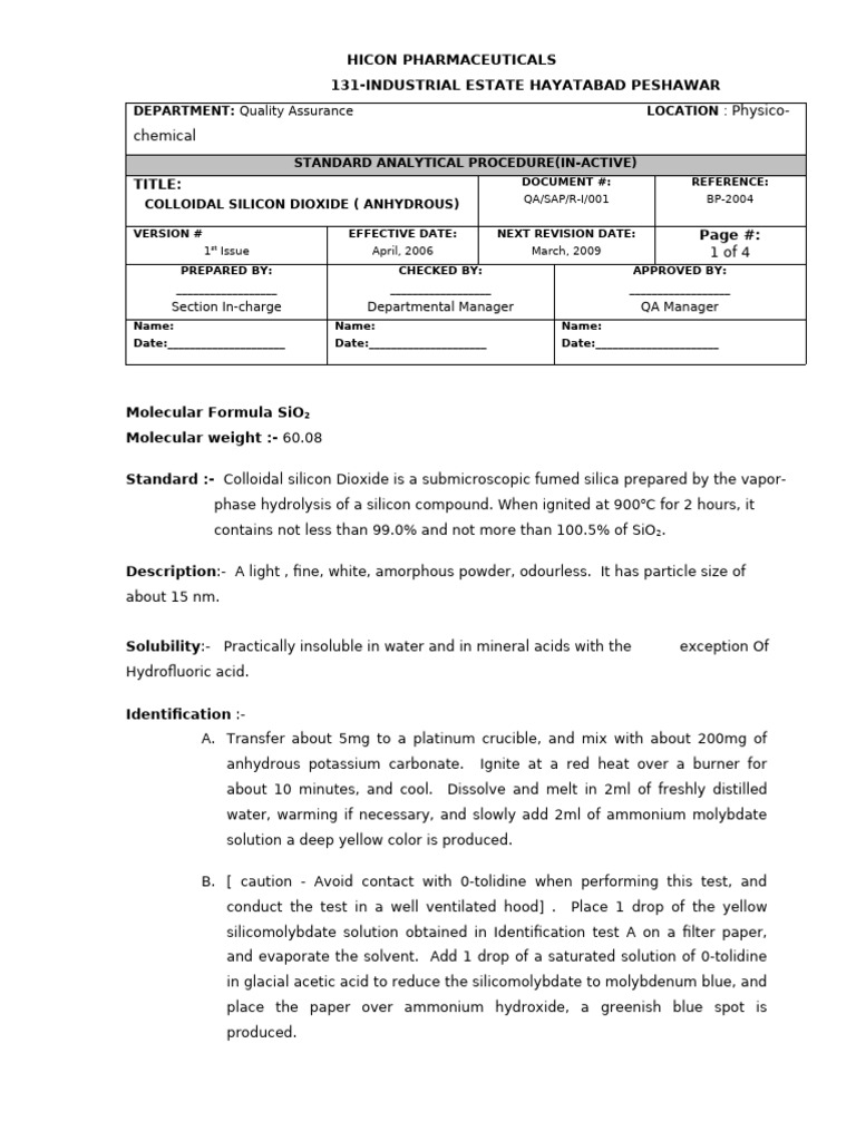 Colloidal Silicon Dioxide Analysis | PDF | Silicon Dioxide | Solubility
