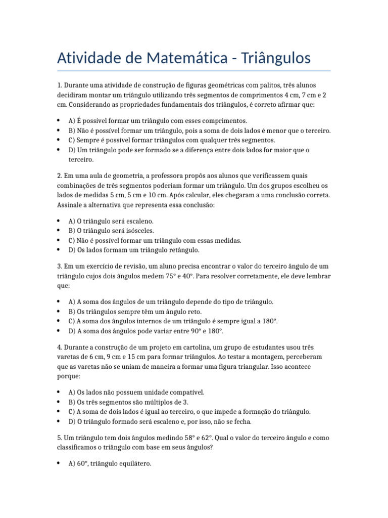 Atividade Triangulos Novamente | PDF | Triângulo | Geometria Elementar