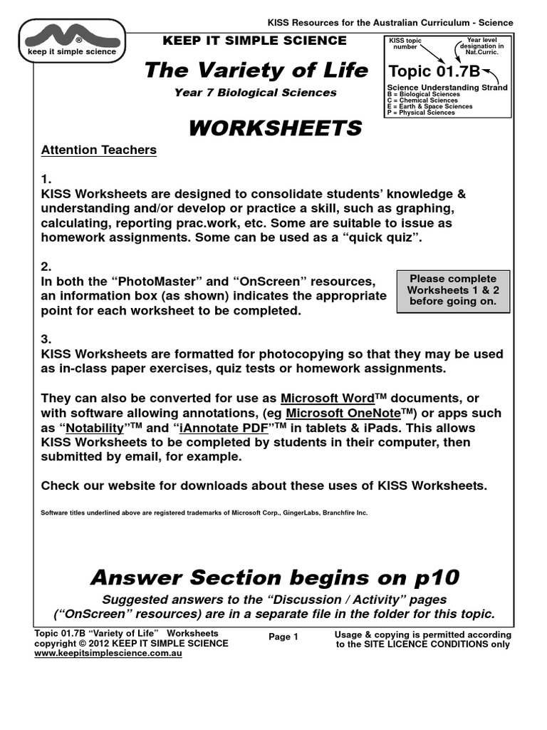 Worksheets 01 7b Varietyoflife | PDF | Skeleton | Cell (Biology)
