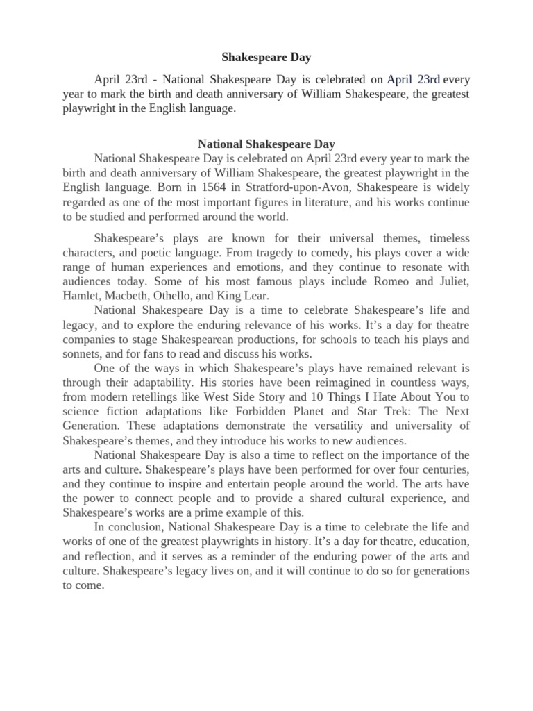 Celebrate National Shakespeare Day | PDF