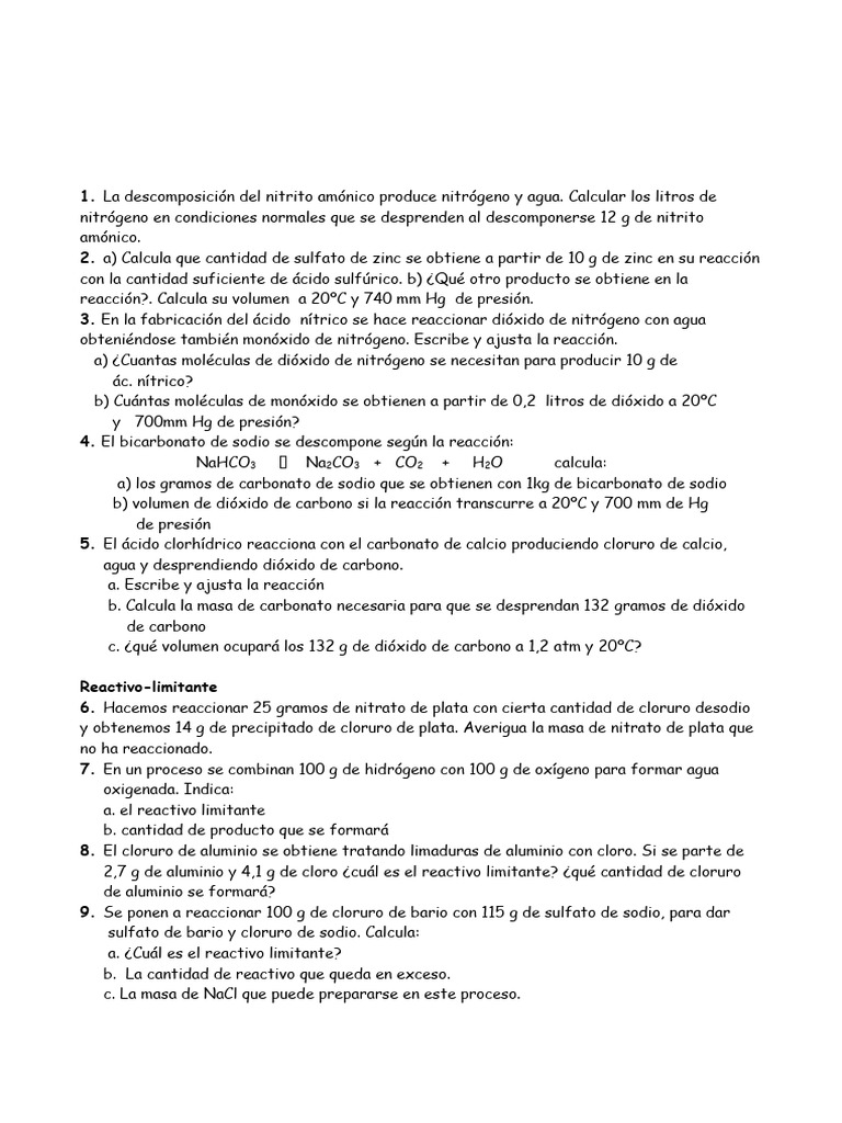 Problemas Cálculos Estequiométricos | PDF | Cloruro | Ácido