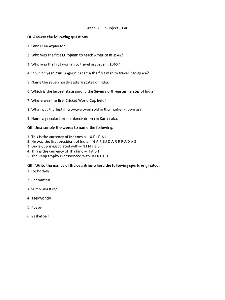 Grade 3 GK | PDF