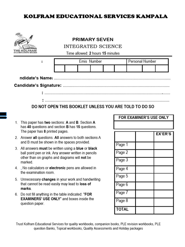 P7 Integrated Science End of Term I Exam | PDF