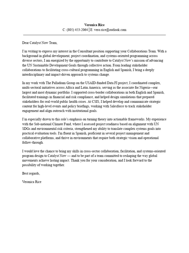 Catalyst Now Cover Letter - Veronica Rice | PDF