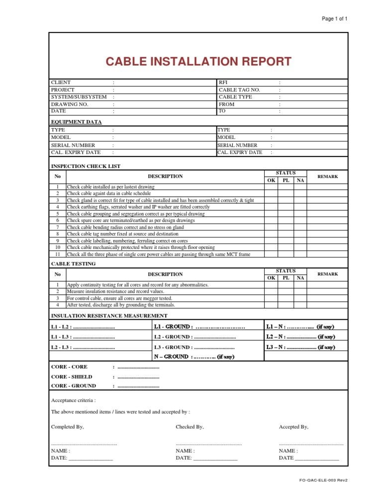 Cable Installation Testing Report | PDF | Technology & Engineering