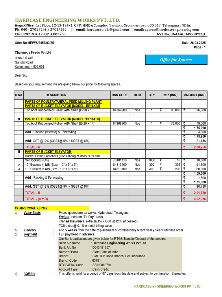 Quotation for Poultry Feed Mill Parts | PDF | Banks | Money