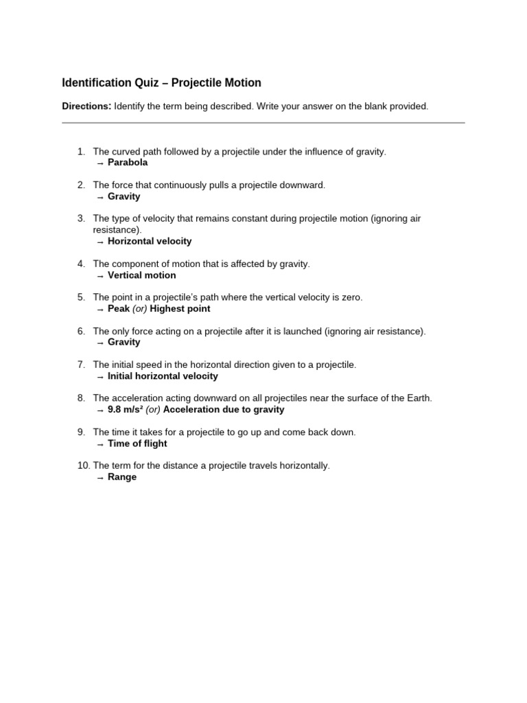 Identification Quiz – Projectile Motion | PDF