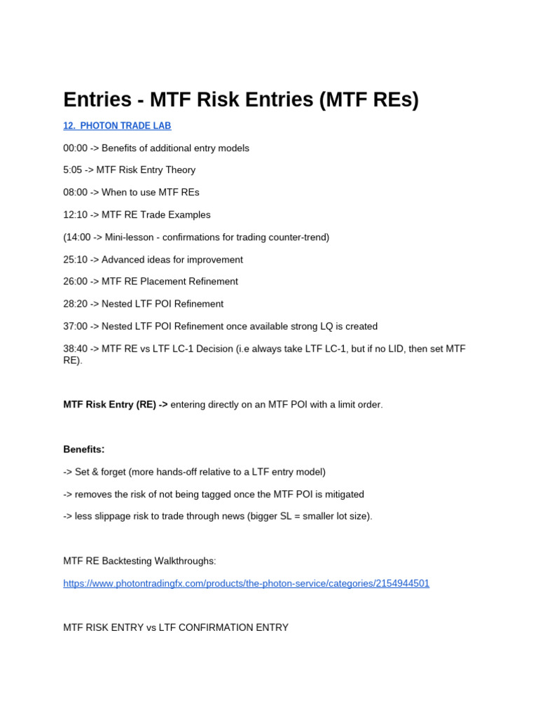 Entries - MTF Risk Entries (MTF REs) | PDF