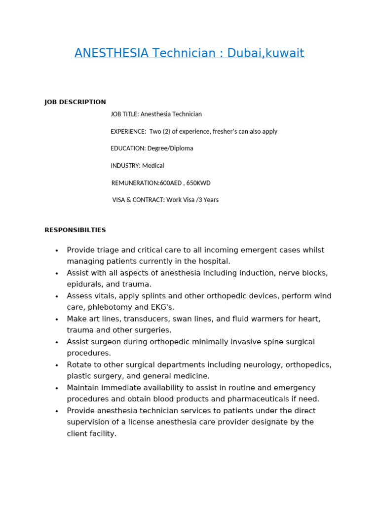 Anesthesia Technician Job Description | PDF | Surgery | Anesthesia