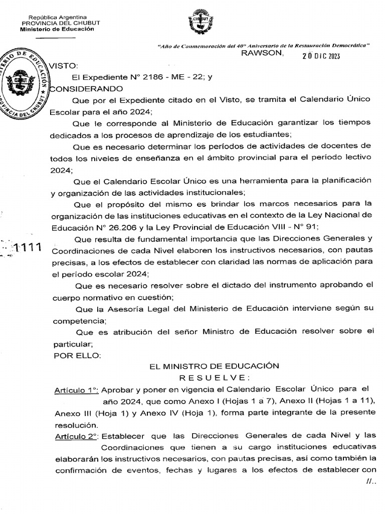 RES ME 1111-23 - Calendario Escolar 2024 | PDF