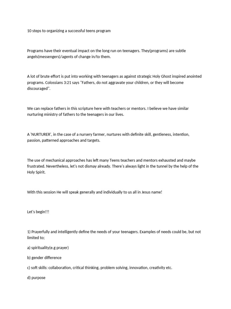 10 Steps To Organizing A Successful Teens Program | PDF | Adolescence ...