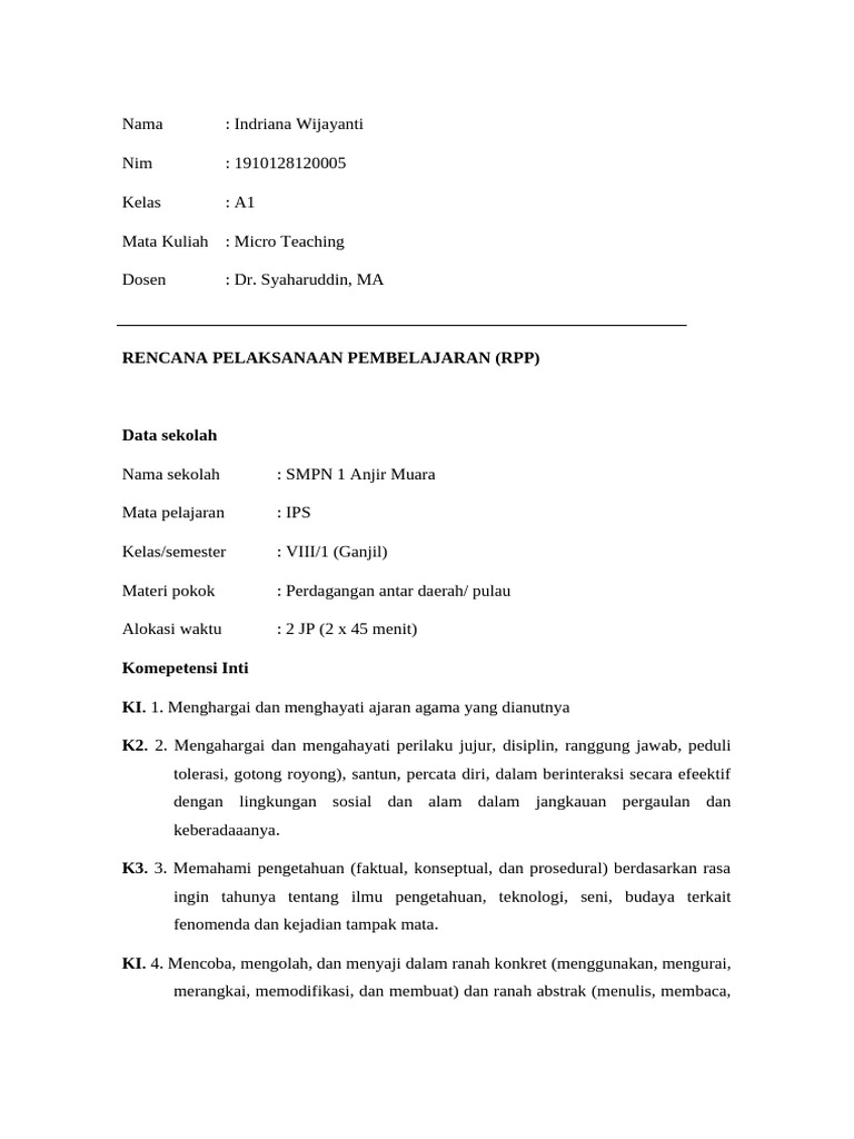 Tugas 1 Micro Teaching - Rpp.... | PDF