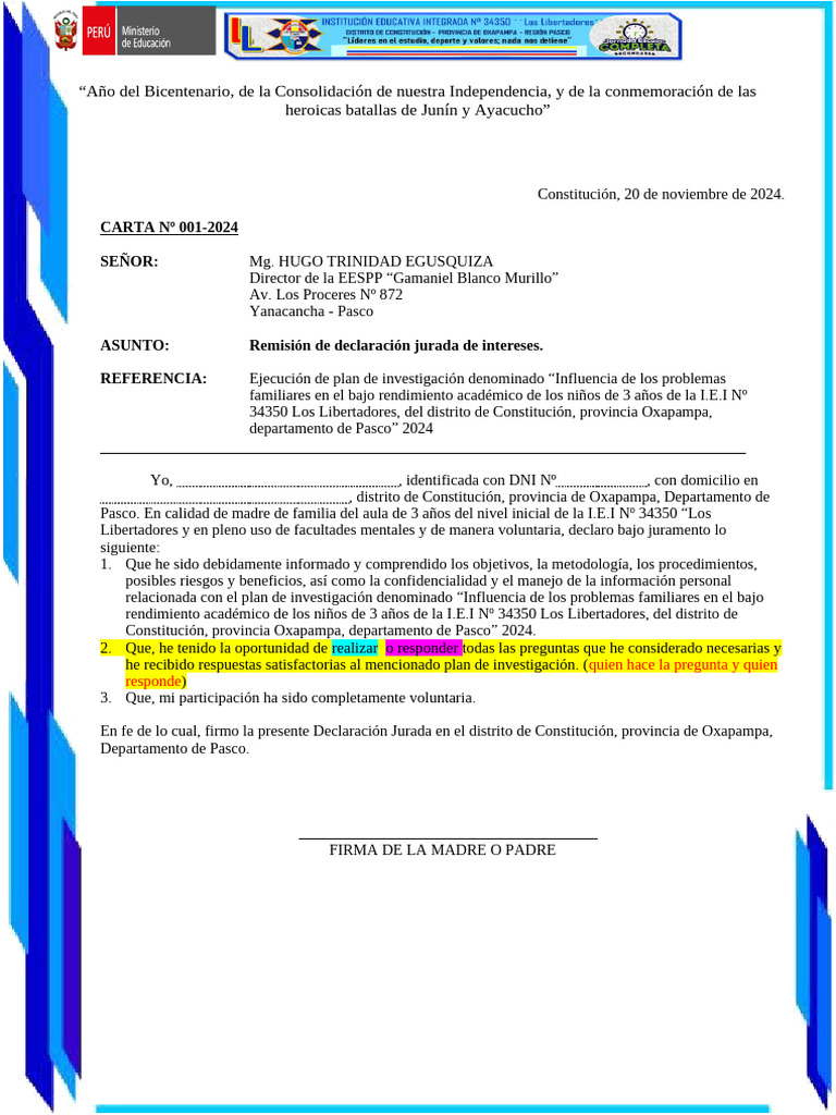 Carta - Plan de Investigacion | PDF